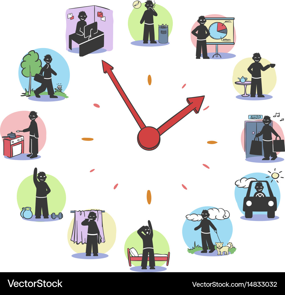 Daily routine clock characters concept Royalty Free Vector