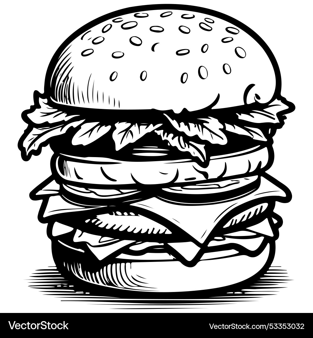 Drawing cartoon burger engrave hand drawn line Vector Image