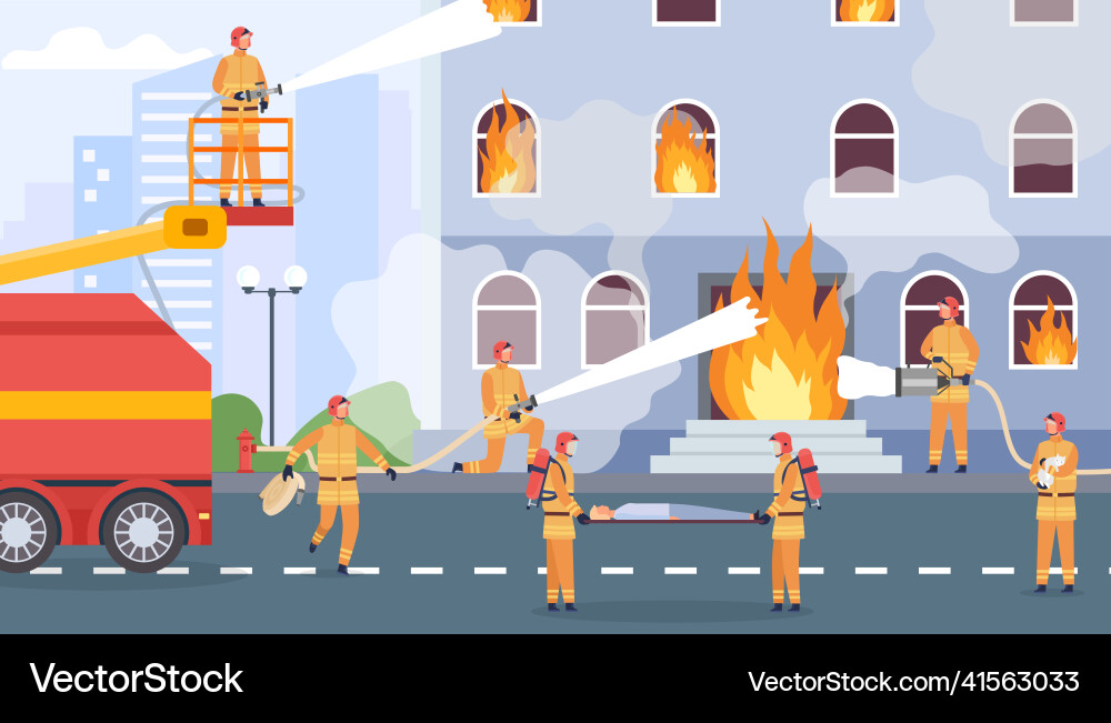 Fire fighting team extinguish burning building Vector Image