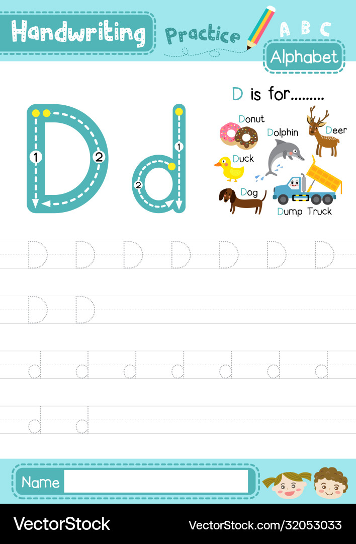 Letter d uppercase and lowercase tracing practice Vector Image