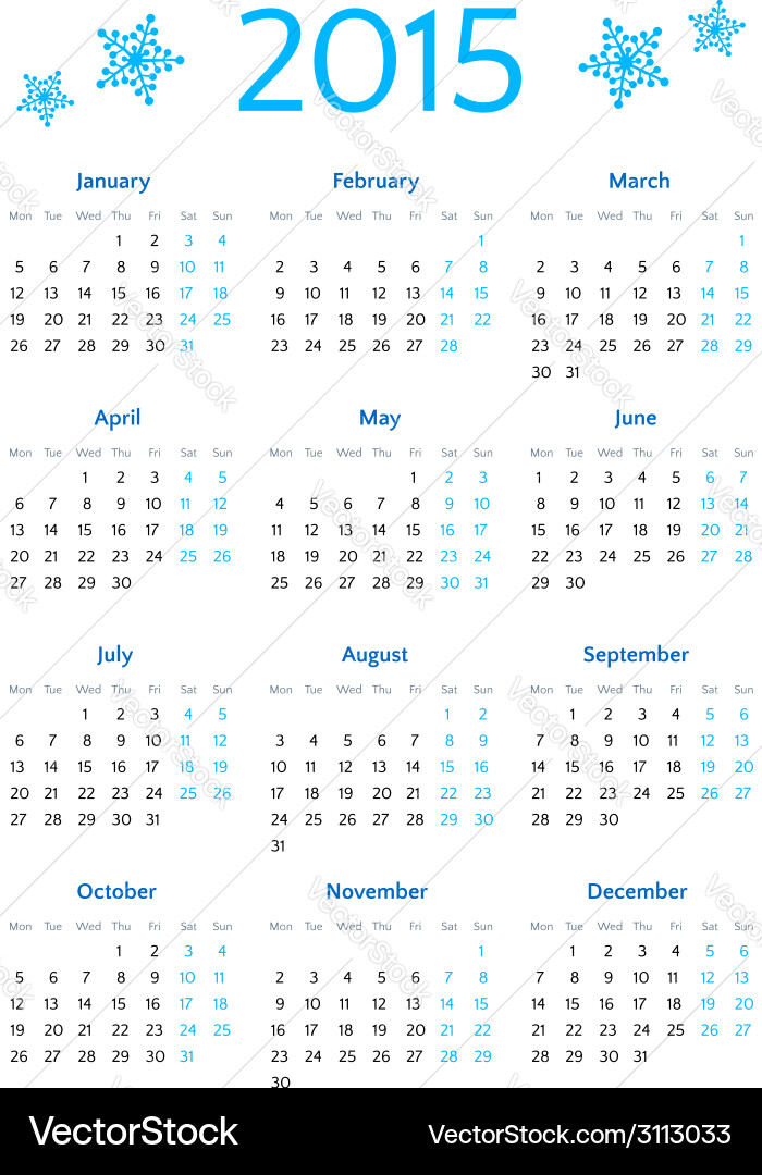 Simple 2015 year european calendar grid Royalty Free Vector