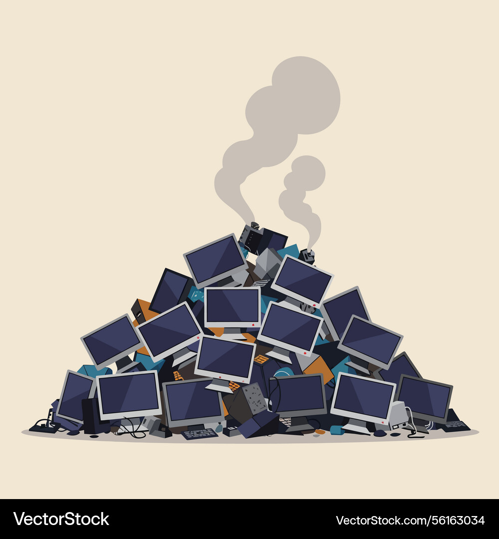 Pile of discarded computer monitors with smoke Vector Image
