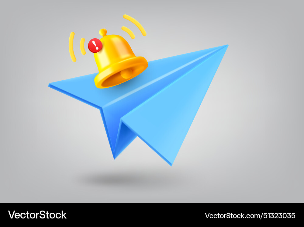 Blue paper plane and notification bell 3d Vector Image