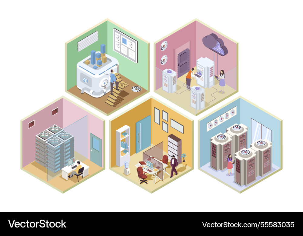 Data center 3d isometric rooms concept in isometry