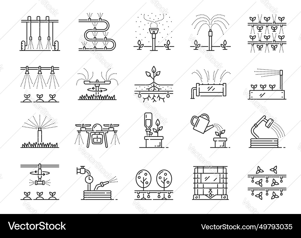 Drip water irrigation system icons with sprinklers