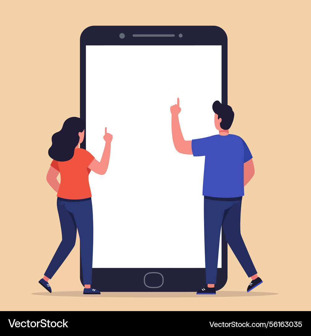 Two people interacting with a large smartphone Vector Image