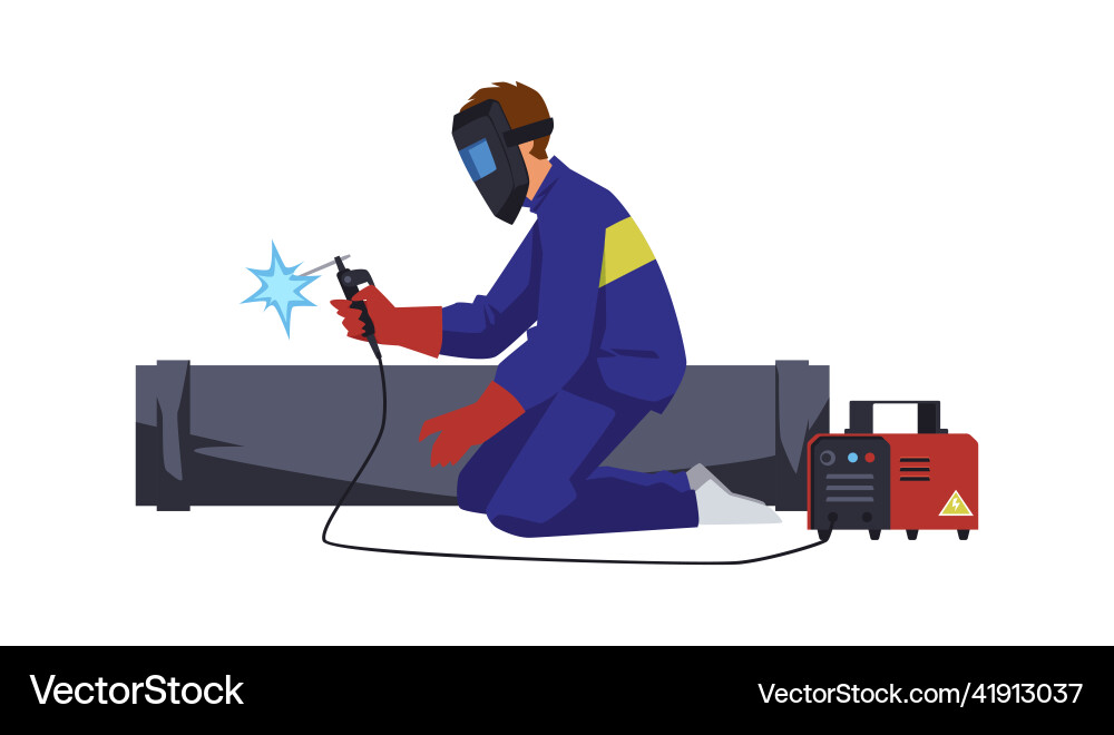 Welder with electrode welding machine on pipe Vector Image