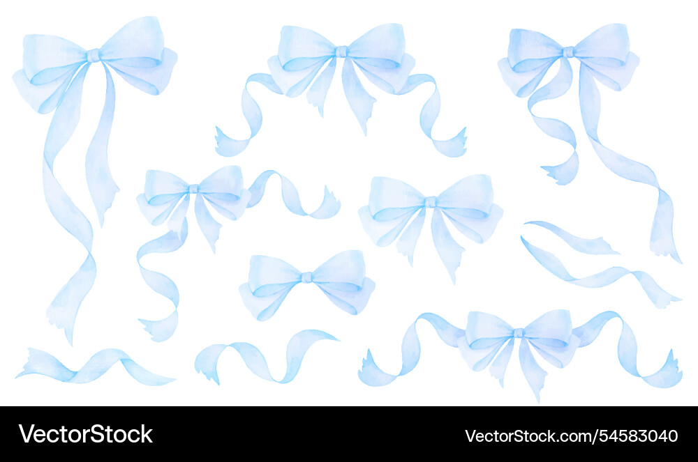 Coquette blue ribbon bow watercolor set isolated Vector Image