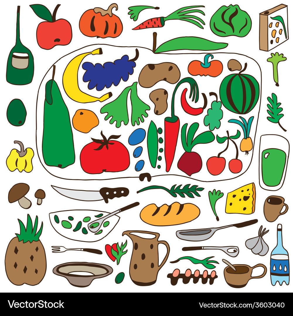 Obst und Gemüse natürliches Essen - Doodles Set Vektorbild