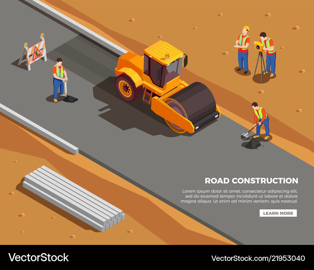 Road construction isometric composition Royalty Free Vector