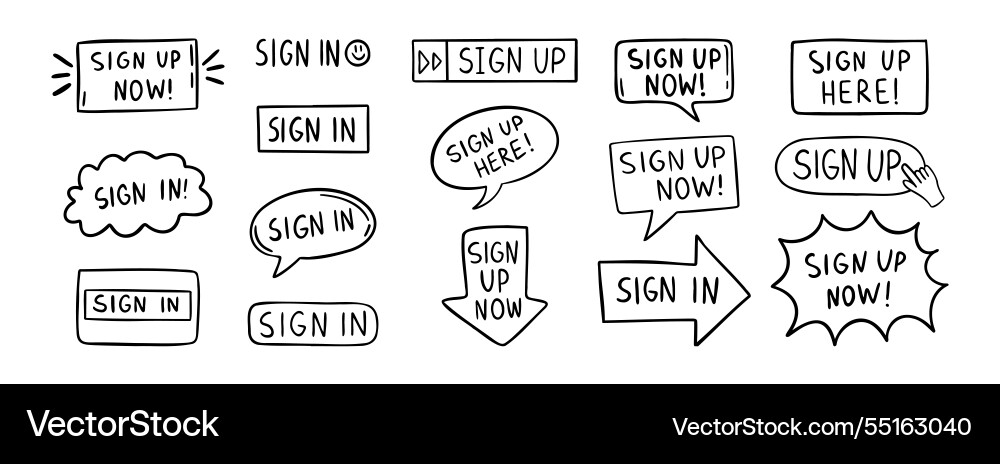 Sign up text icon sign in doodle hand drawn icon Vector Image