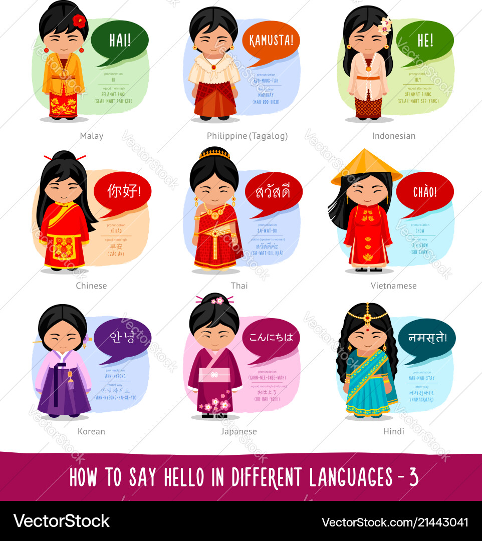 Girls saying hello in foreign languages Royalty Free Vector
