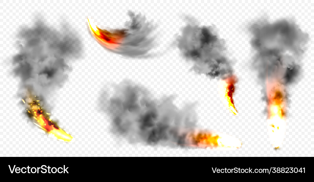 Realistic black smoke clouds and fire flame blast Vector Image