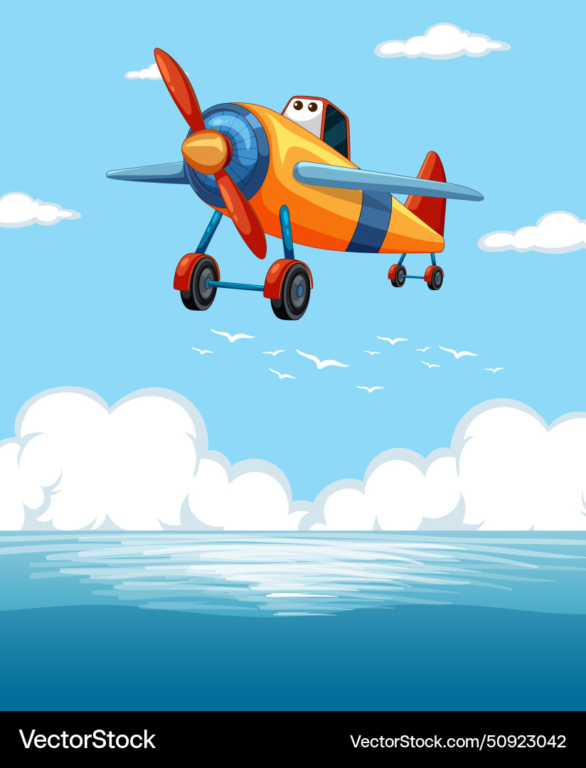 Animated airplane flying above ocean with clouds Vector Image