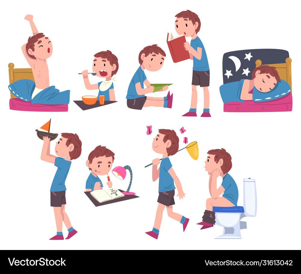 Cute boy daily routine activities set child Vector Image