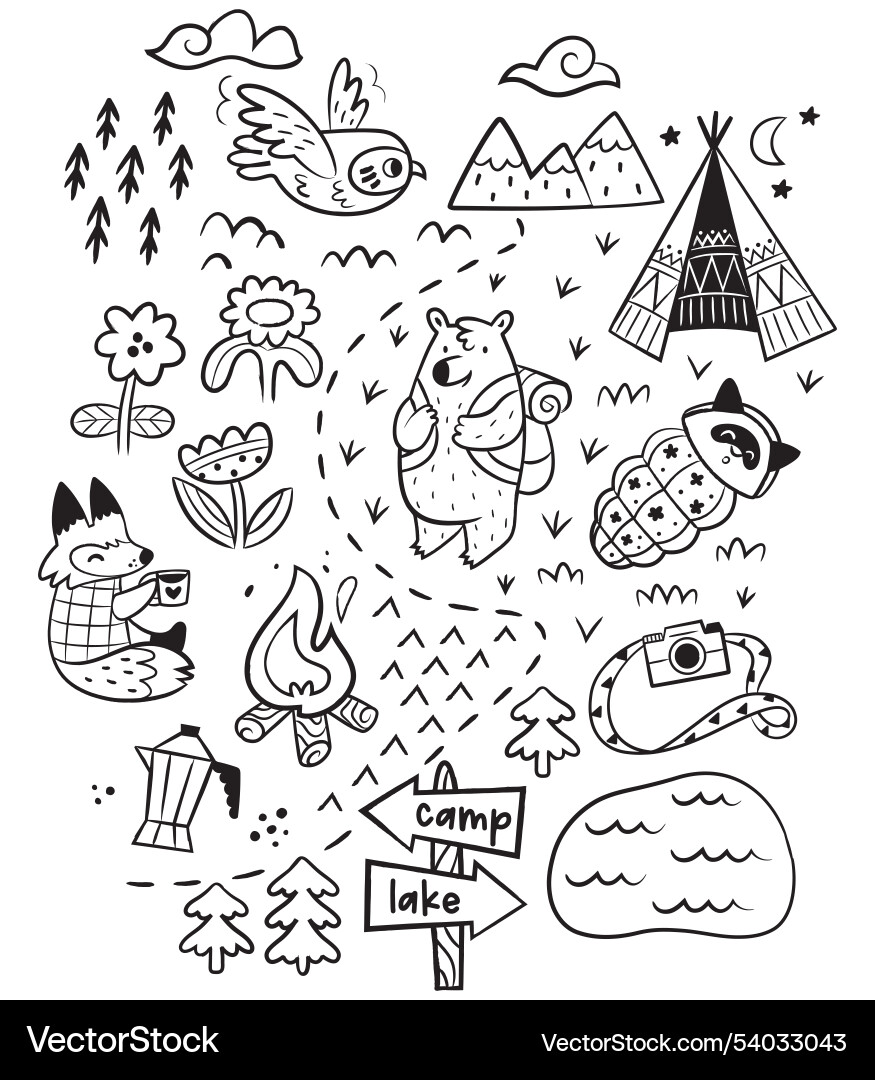 Black contour graphic map with cartoon animals Vector Image