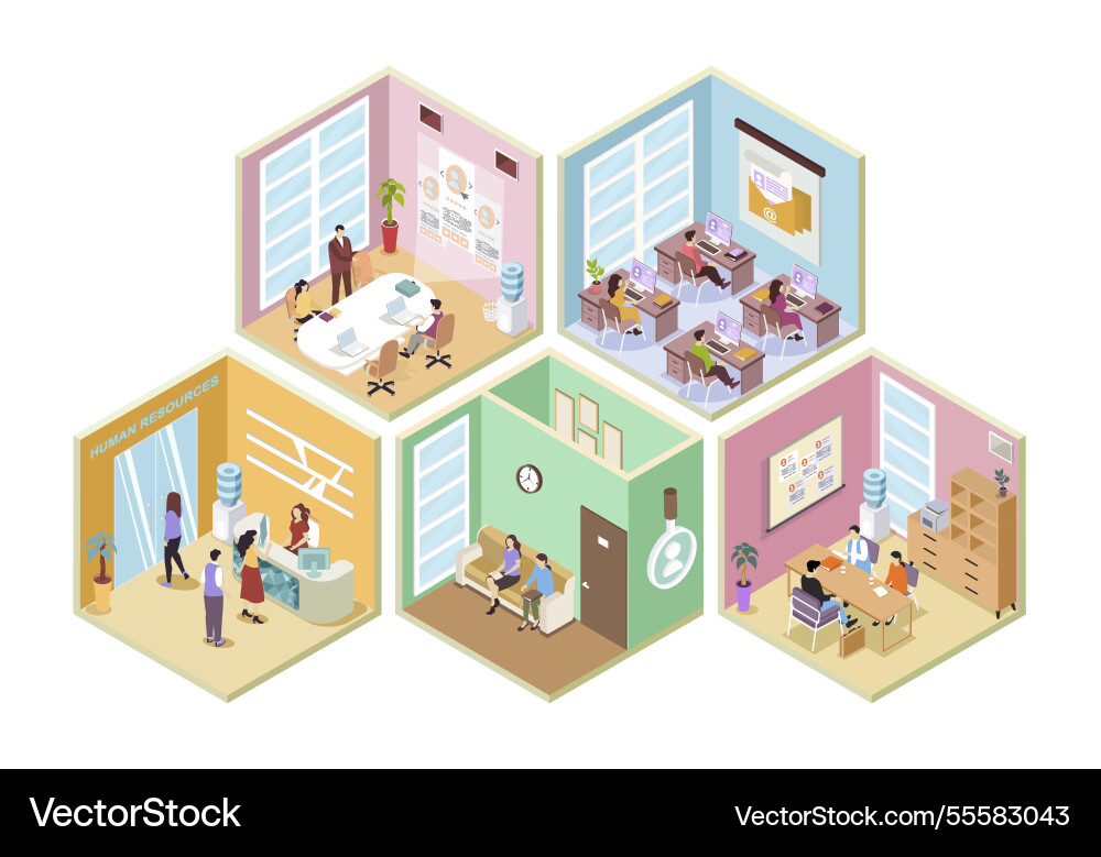 Hr agency 3d isometric rooms concept in isometry Vector Image