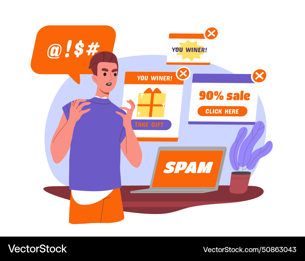 Man annoyed by spam Royalty Free Vector Image - VectorStock
