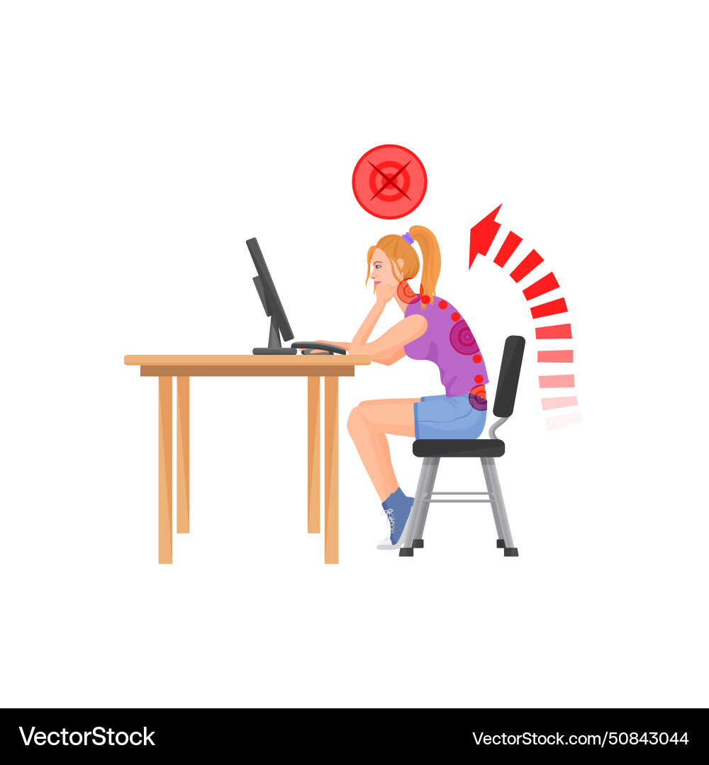 Girl in wrong sitting posture at computer Vector Image