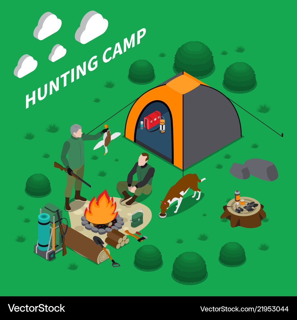 Hunting camp isometric composition Royalty Free Vector Image