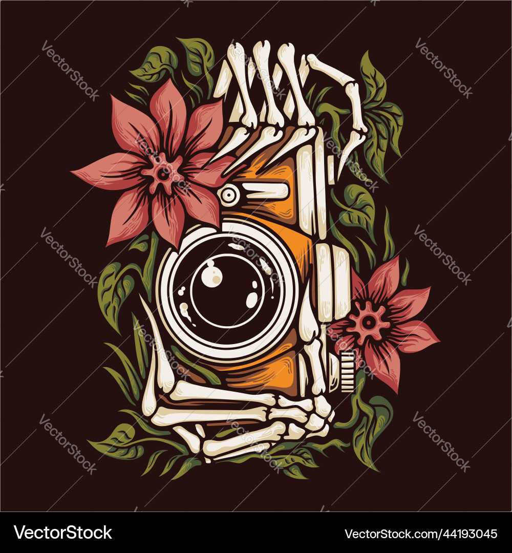 Colorful skeleton hand taking picture with camera Vector Image