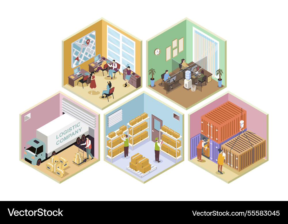 Logistic company 3d isometric rooms concept Vector Image