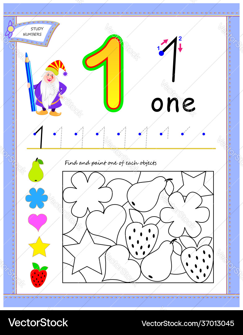 Number 1 Counting Worksheet for Kids Royalty Free Vector