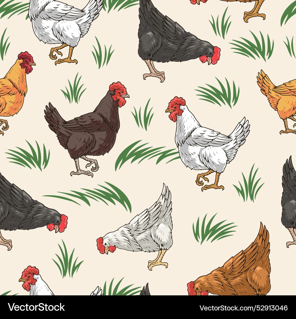 Farm chickens seamless pattern colorful Royalty Free Vector