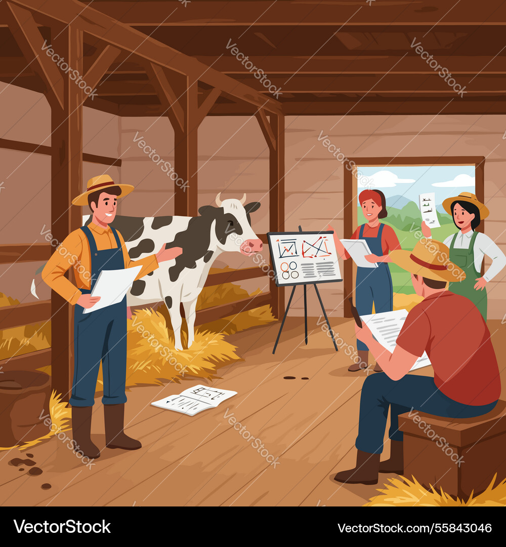 Farmers discussing data with cow in barn during Vector Image
