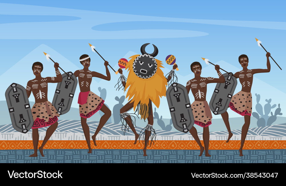 African people dance on traditional ethnic pattern