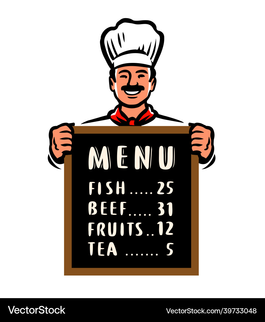 Cartoon chef presenting restaurant menu on board Vector Image