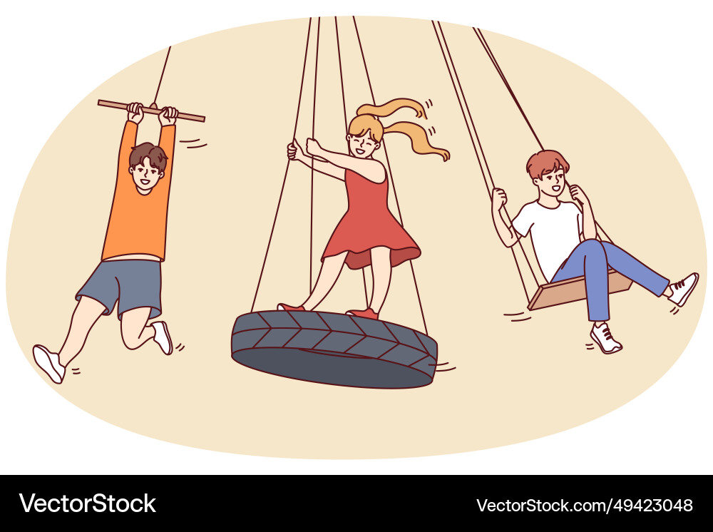 Happy kids ride on swings outdoors Royalty Free Vector Image