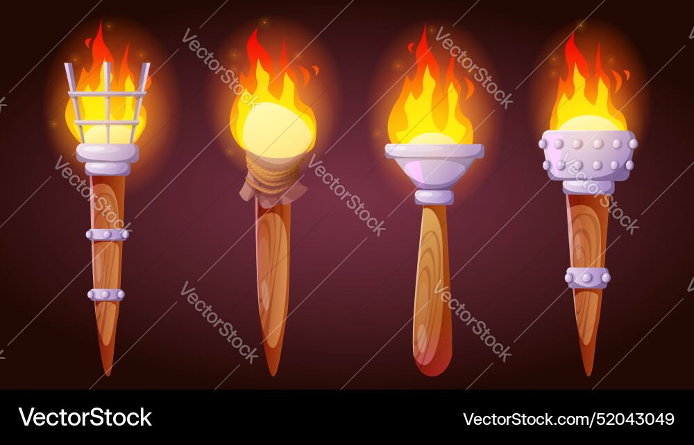 Burning fire torches set isolated on black Vector Image