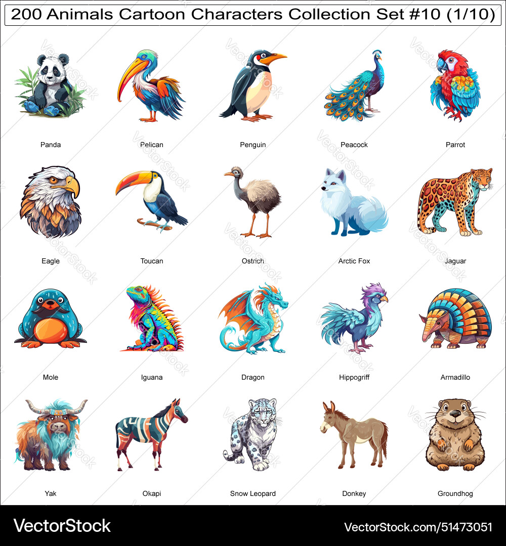 200 animals cartoon characters collection set 10 Vector Image