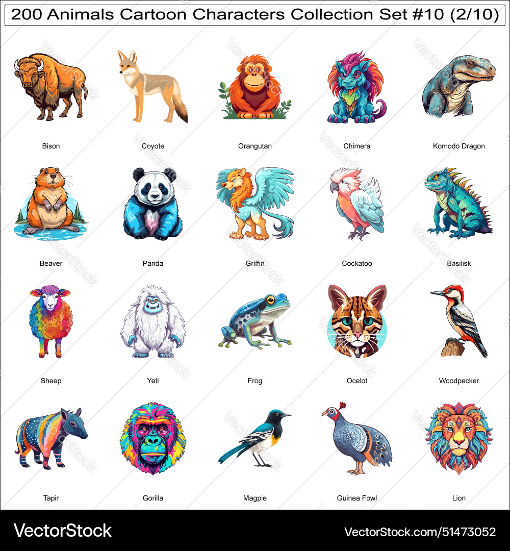 200 animals cartoon characters collection set 10 Vector Image