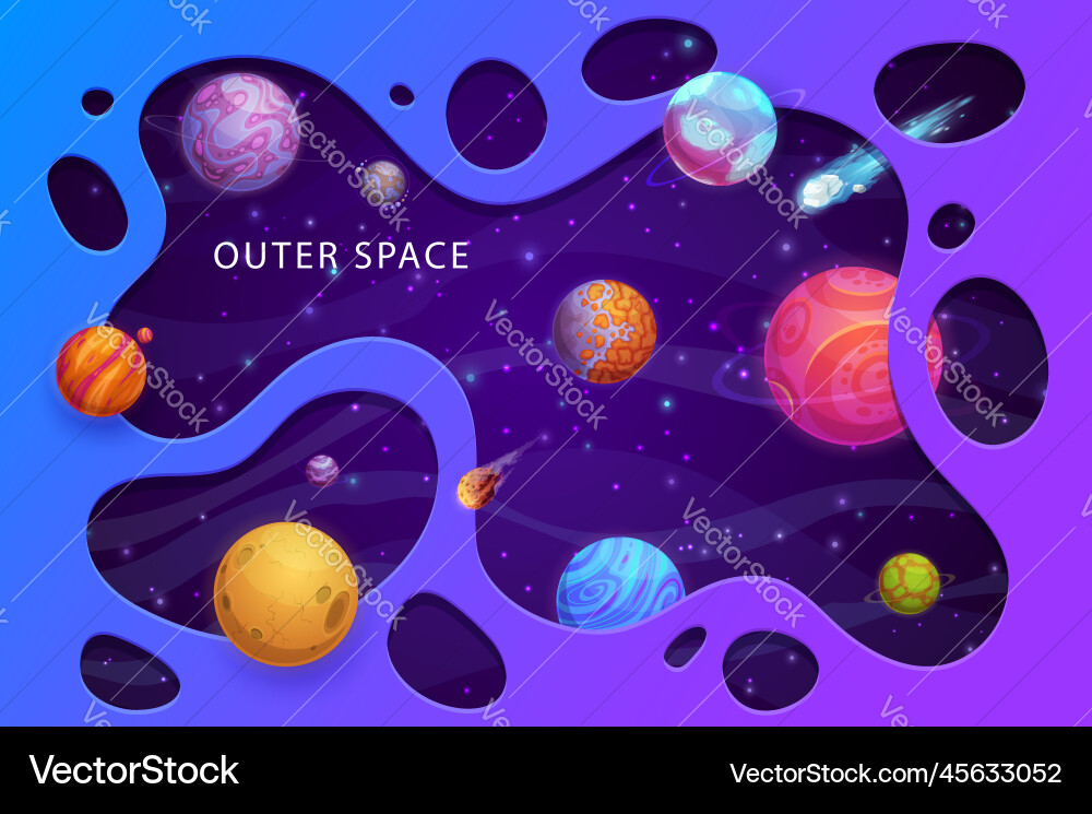 Papercut space landscape with cartoon planets Vector Image
