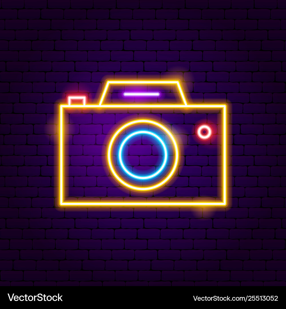 Photo camera neon label Royalty Free Vector Image