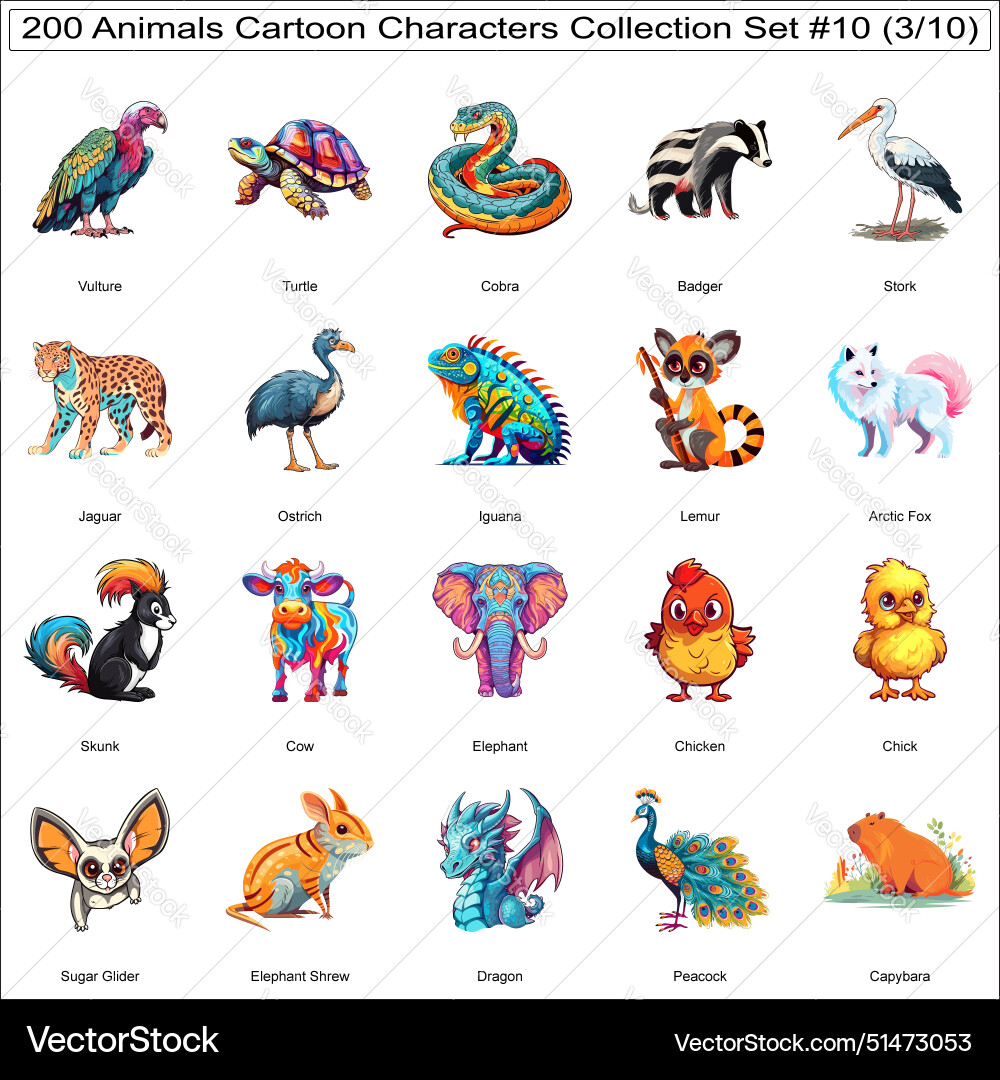200 animals cartoon characters collection set 10 Vector Image