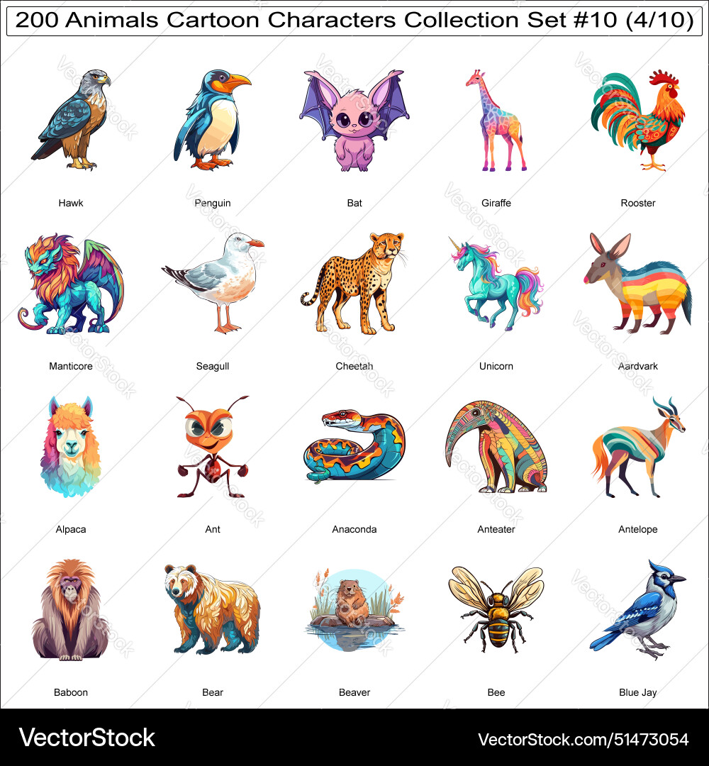 200 animals cartoon characters collection set 10 Vector Image