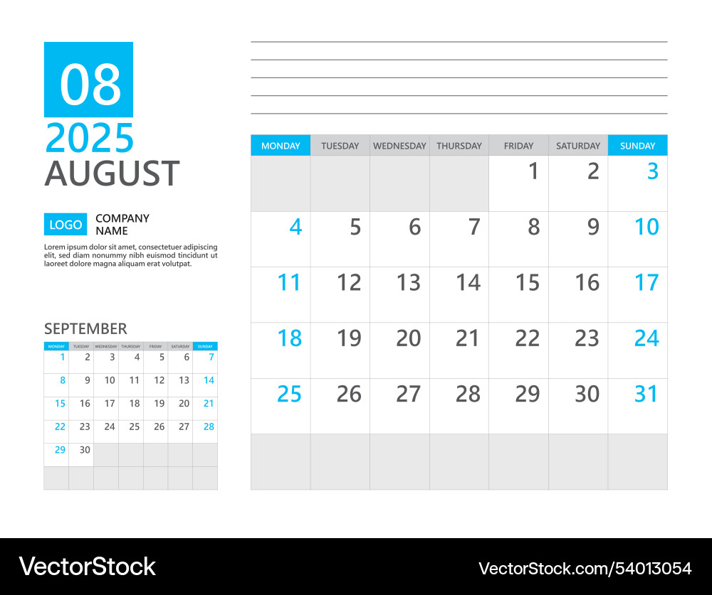 August 2025 template calendar planner Royalty Free Vector