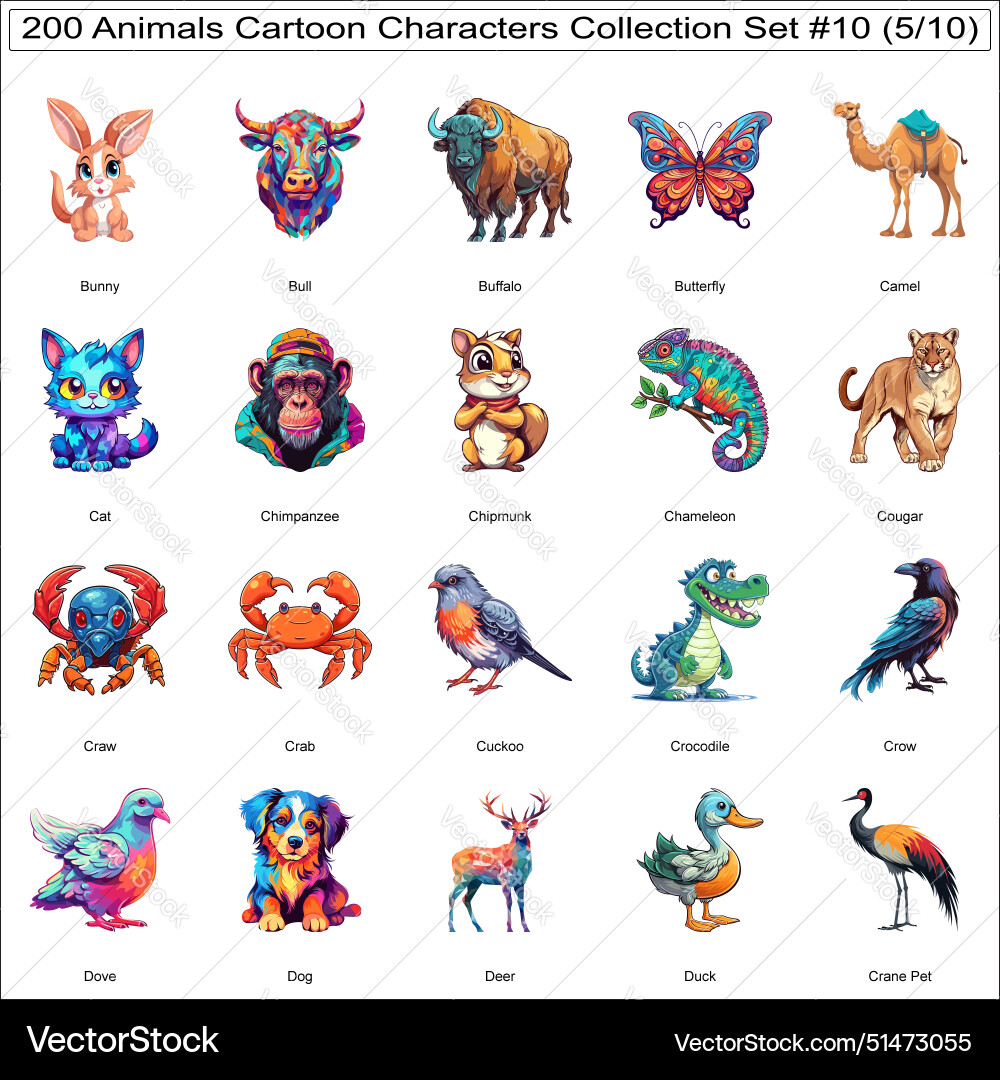 200 animals cartoon characters collection set 10 Vector Image