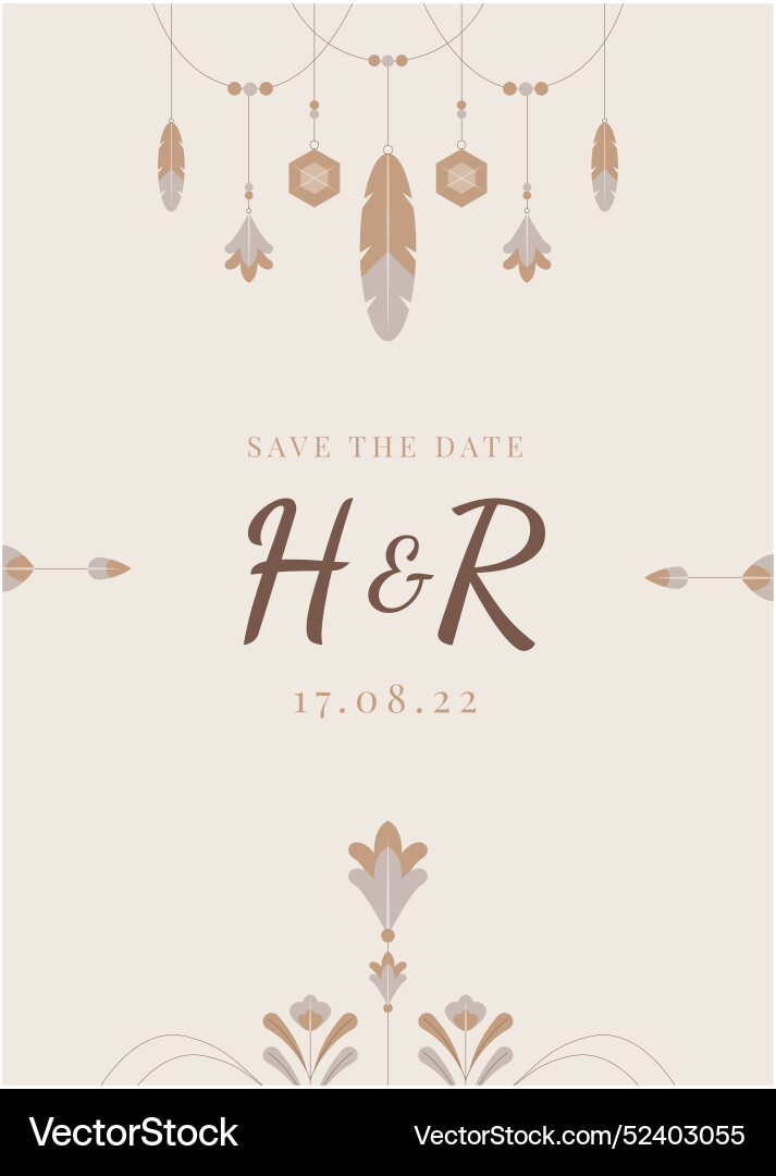 Flat boho wedding invitation template Royalty Free Vector