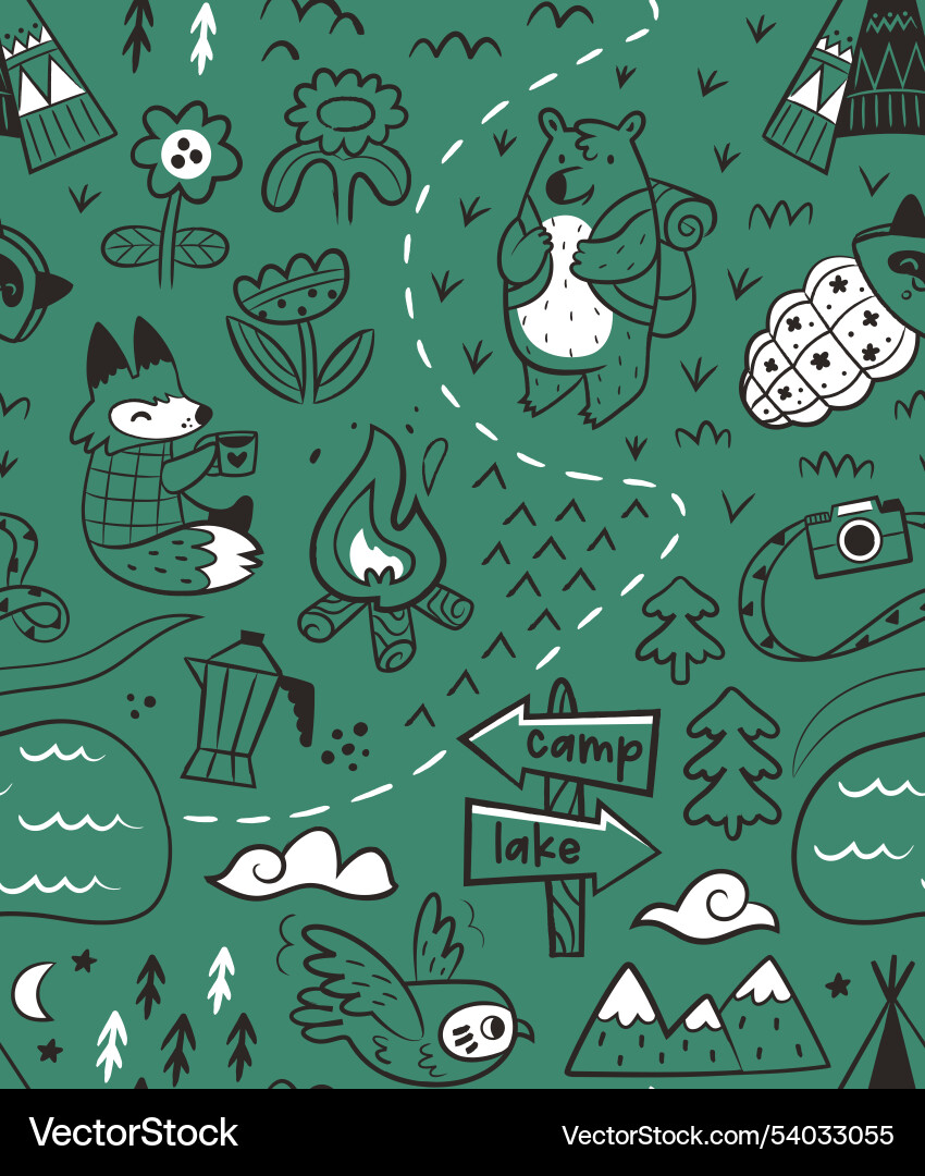 Green graphic map with cartoon animals seamless Vector Image