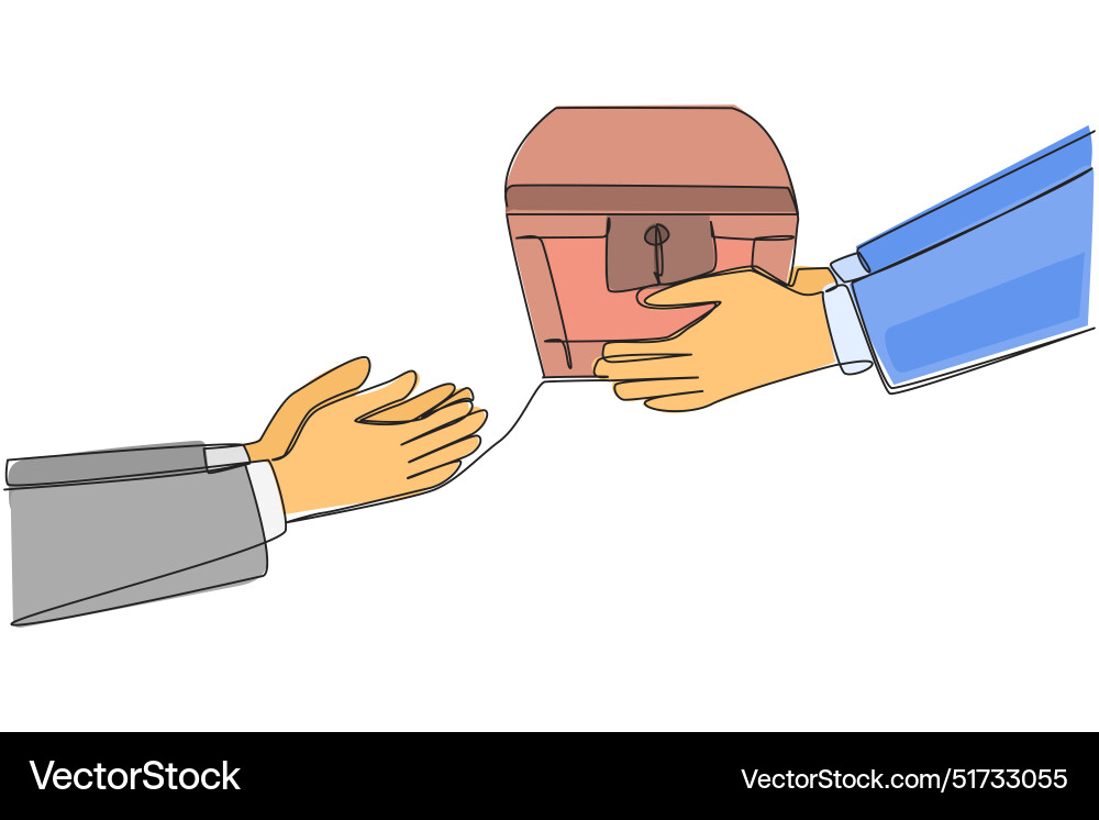 Single one line drawing hand gives treasure chest Vector Image