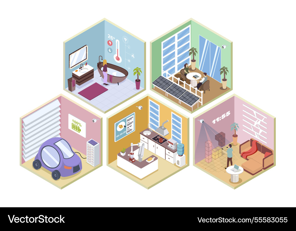 Smart home 3d isometric rooms concept in isometry Vector Image