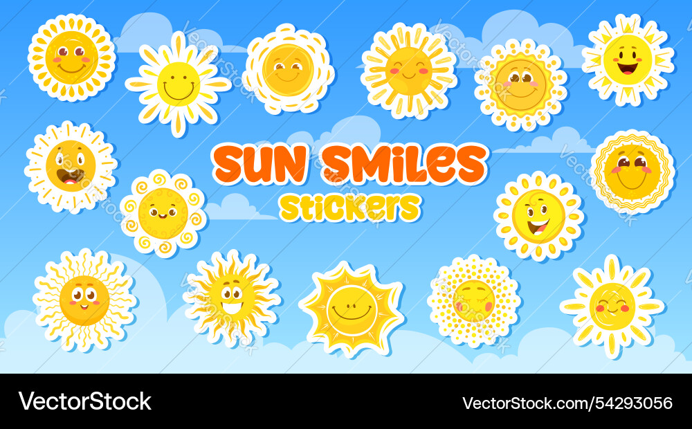 Cartoon funny sun characters stickers pack Vector Image