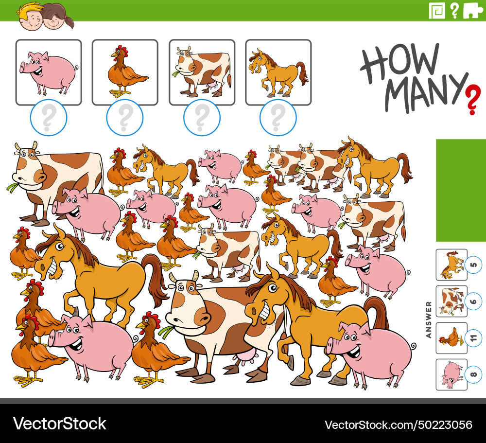 How many counting activity with cartoon farm Vector Image