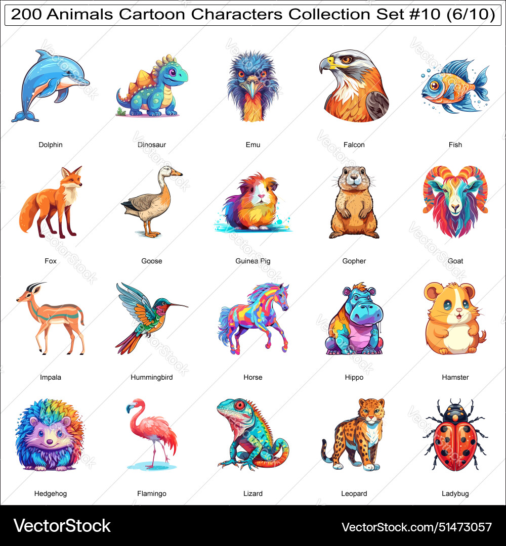 200 animals cartoon characters collection set 10 Vector Image