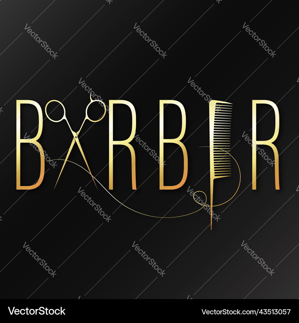 Golden barber design with scissors and comb Vector Image