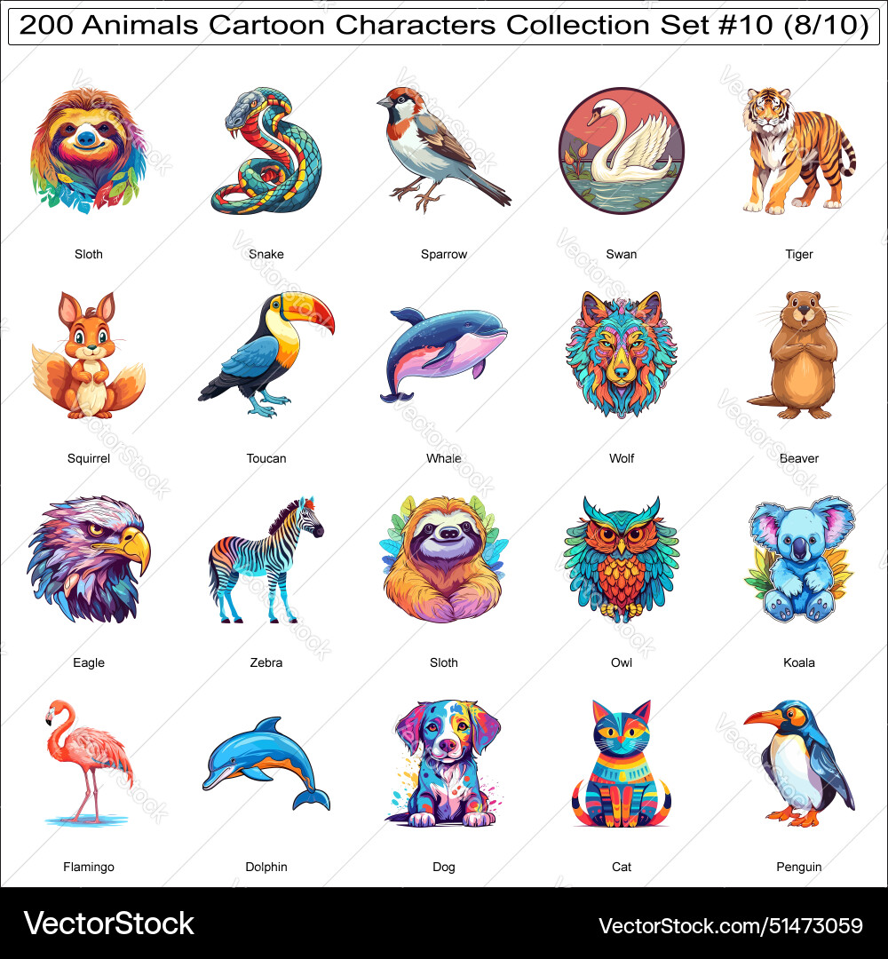 200 animals cartoon characters collection set 10 Vector Image